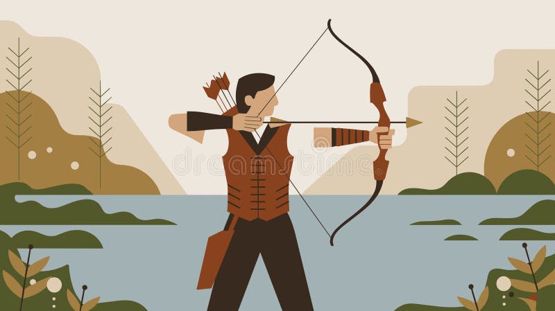 Stylized Archer Aiming with Bow in Serene Nature Setting Stock Vector ...