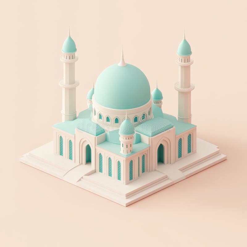 A Stylized Architectural Model of a Mosque with a Turquoise Dome and ...