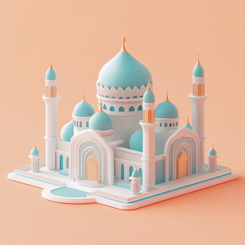 A Stylized Architectural Model of a Mosque with Turquoise Domes and ...