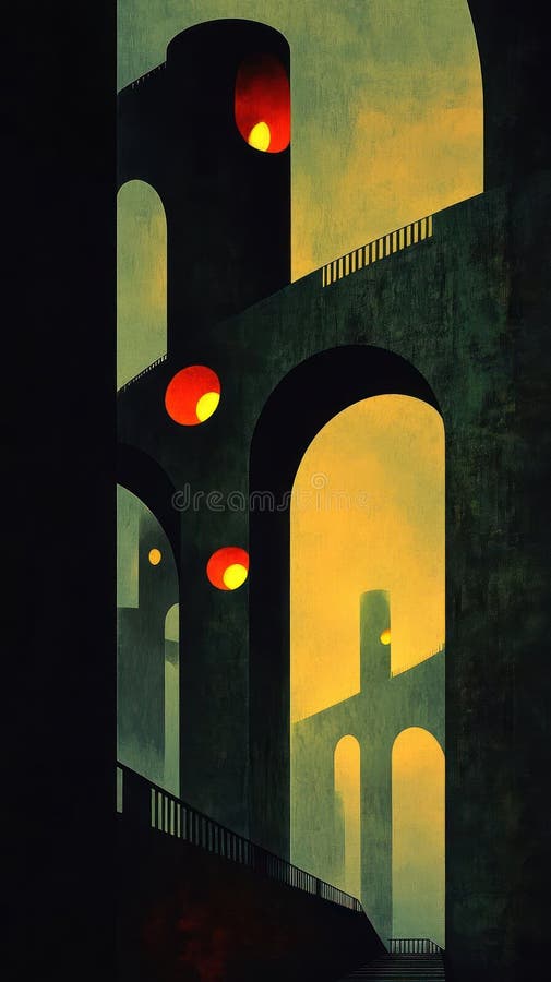 Mysterious Architectural Passage with Glowing Lights Stock Illustration ...