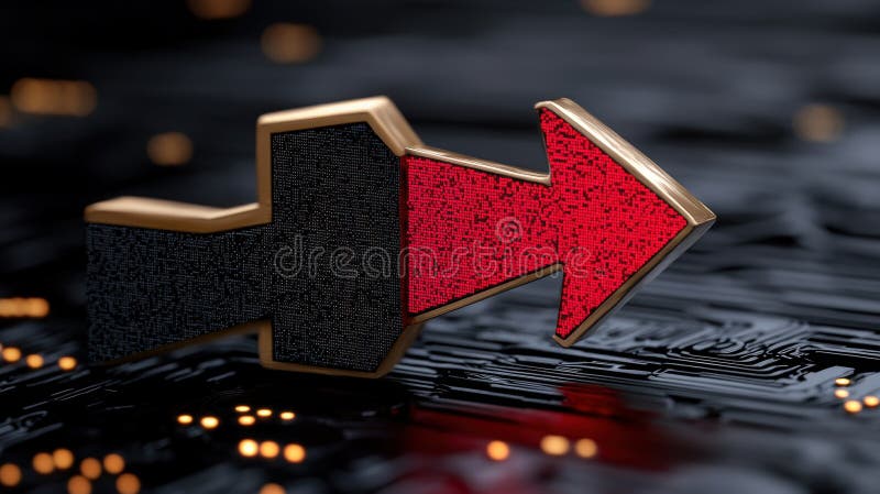 Stylized Arrow Symbol Red and Black on a Dark Circuit Board Background ...