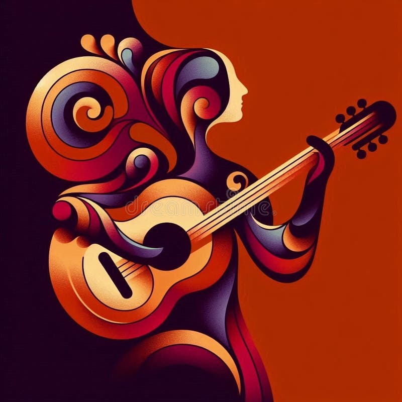 A Stylized Art-deco Woman Playing a Classical Guitar. Stock ...