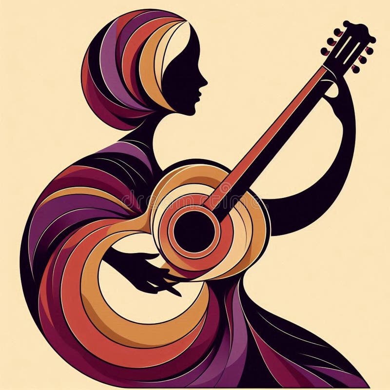 A Stylized Art-deco Woman Playing a Classical Guitar. Stock ...