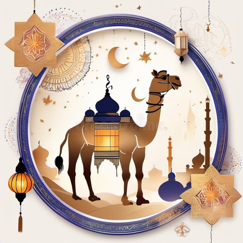 Ramadan Camel with Lantern, Islamic Art, Crescent Moon & Desert Mosque ...
