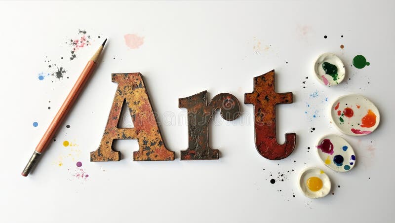 Stylized Art Word with Mini Paint Palettes Pencils Stock Illustration ...