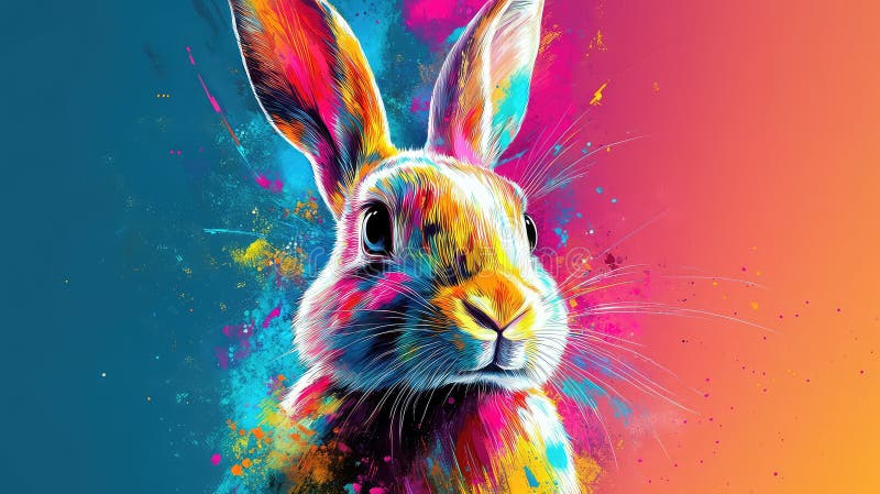 Stylized Artistic Representation of a Rabbit?s Head with a Vibrant and ...