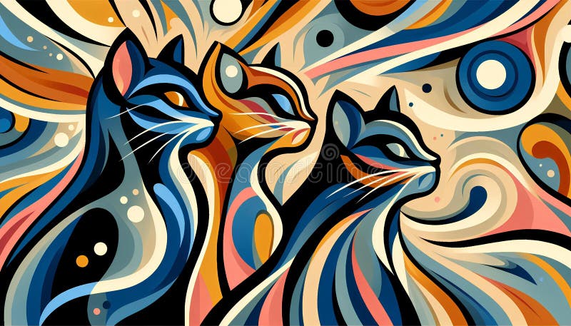 Stylized Artwork Depicting Three Abstract Cat Figures. Each Cat ...