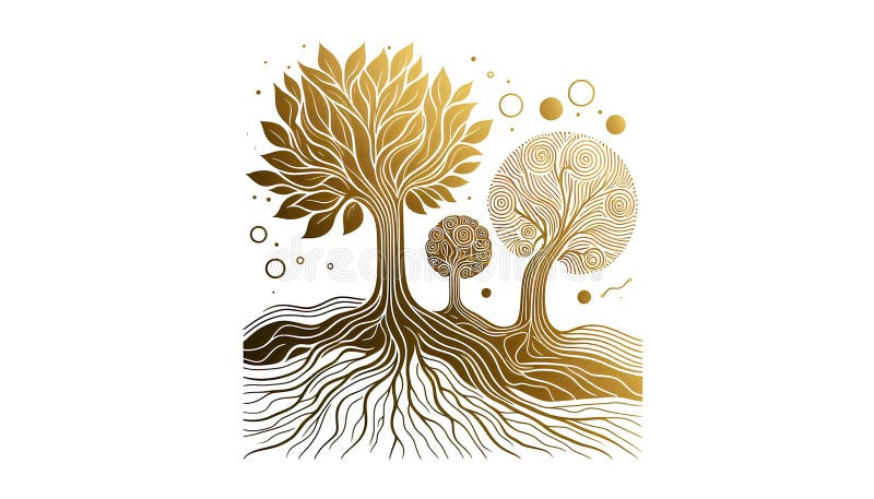 Stylized Artwork Depicting Three Trees with Intertwining Roots Stock ...