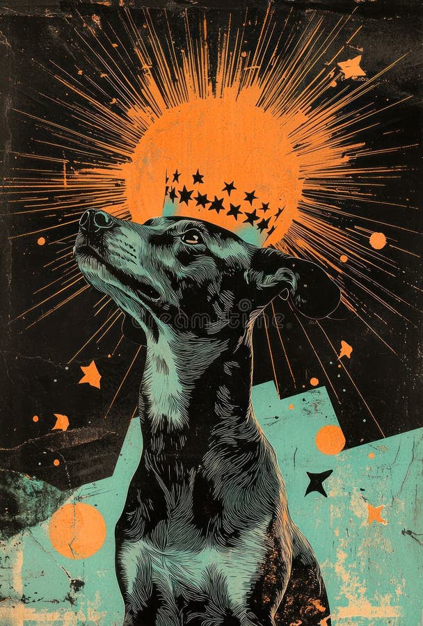 Stylized Artwork of a Dog with a Crown and Cosmic Elements Stock ...