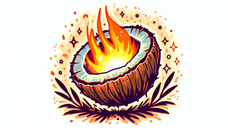 A Stylized Artwork Featuring a Half Coconut with Flames Emerging from ...