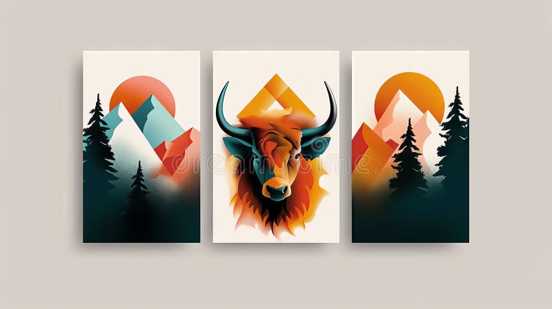 Stylized Artwork Featuring Mountains, a Bull, and Nature Elements ...