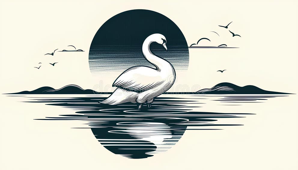Stylized Artwork of a Swan Gracefully Standing on Water, with Its Re ...