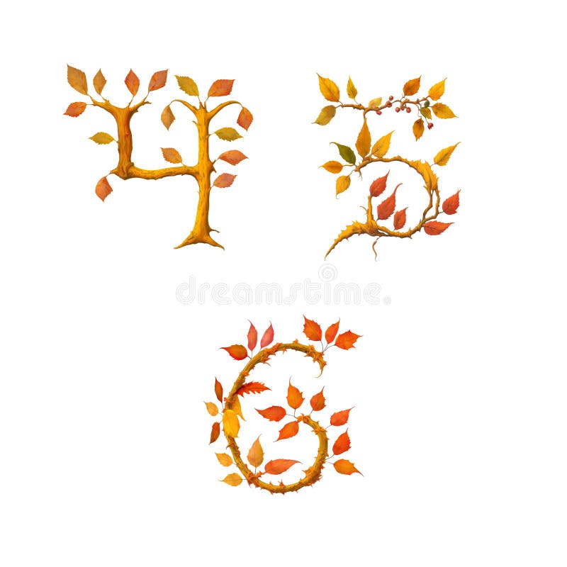 Stylized Autumn Leaf Tree Alphabet - Digits 4-6 Stock Illustration ...