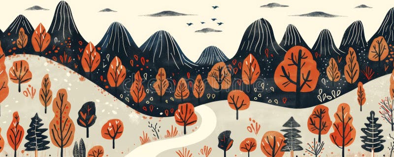 Stylized Autumn Trees and Mountain Range Illustration Stock ...