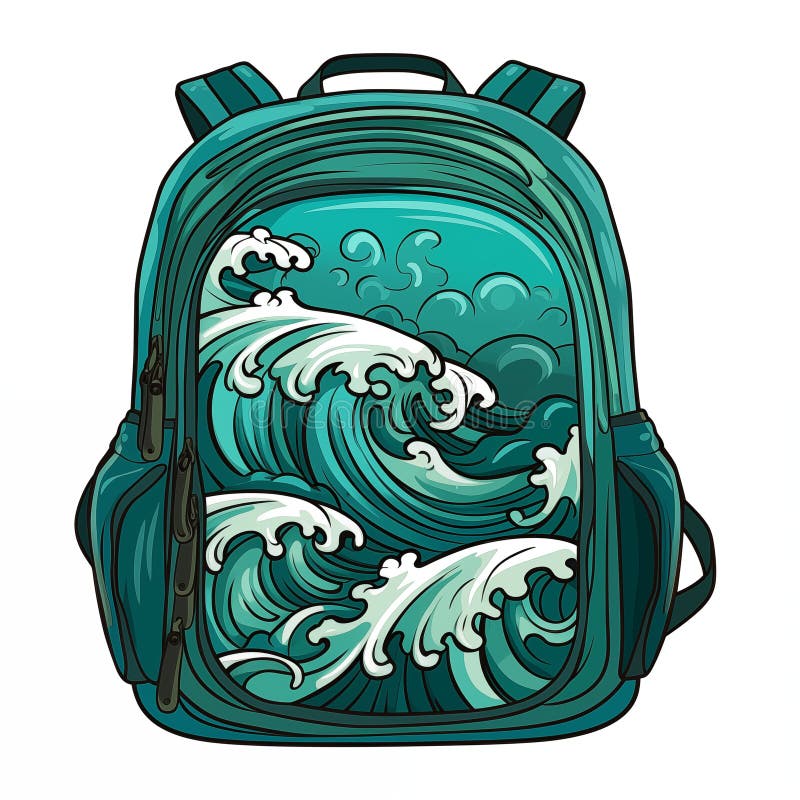 Stylized Backpack with Ocean Wave Design on a White Background Stock ...