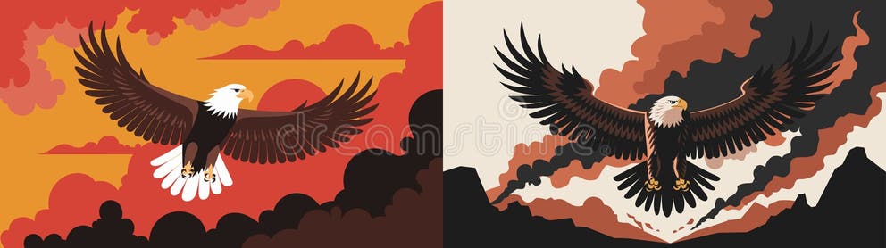 Stylized Bald Eagles in Dynamic Backgrounds: Bold and Colorful Vector ...