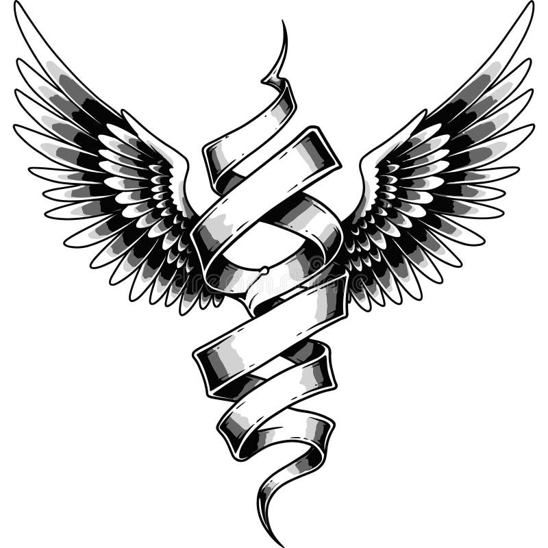 Stylized Banner with Angel Wings, Vintage Banner with Feathery Wings ...