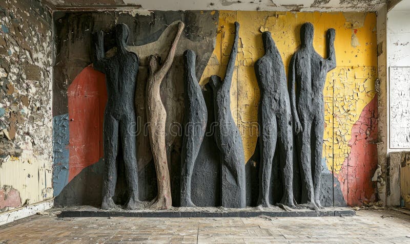 Stylized Bas-relief Figures Stand Against Peeling Paint in an Old ...