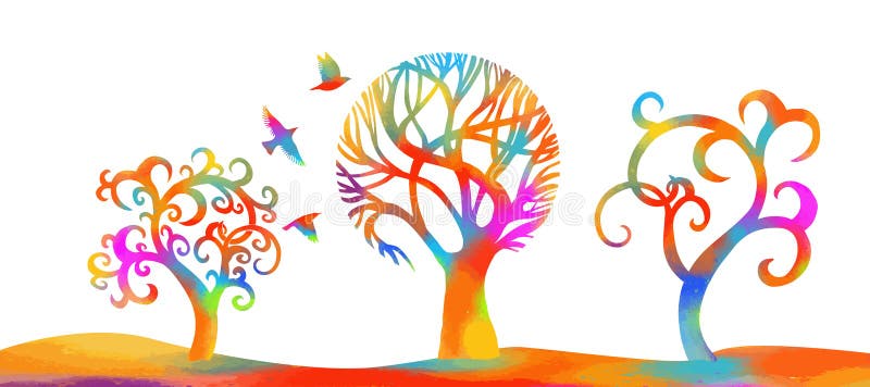A Stylized Beautiful Multi-colored Tree with Birds. Mixed Media. Vector ...