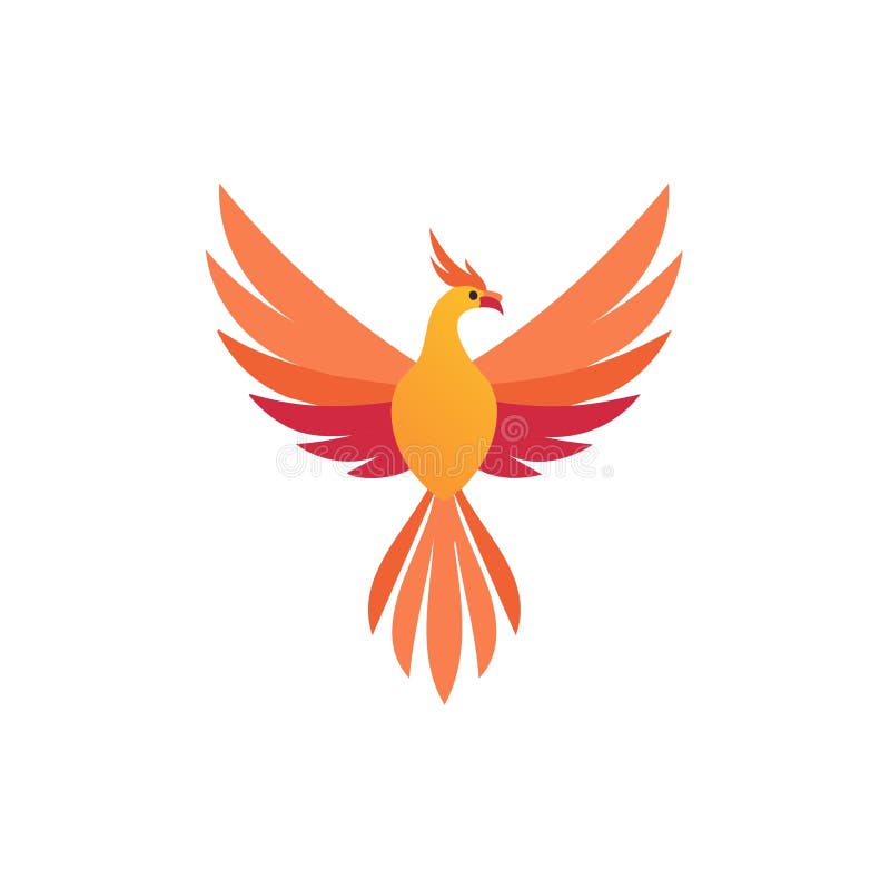 Stylized Bird Soaring with Vibrant Orange and Red Feathers Open Wings Mythical Phoenix Stock ...