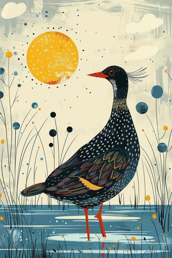Stylized Bird by the Water Under a Large Sun Stock Illustration ...