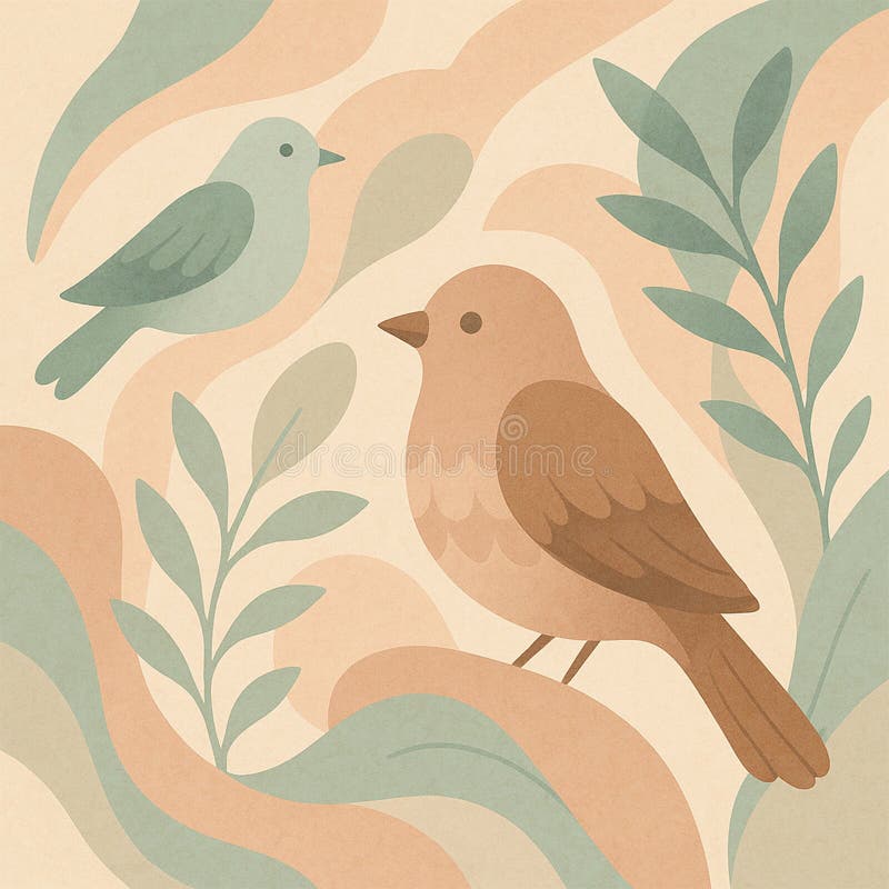 Stylized Birds in Soft Pastel Organic Environment Stock Illustration ...