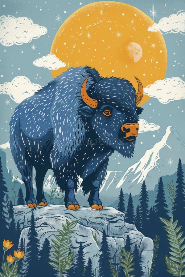 Majestic Blue Bison on Mountain Peak Under a Full Moon Stock ...