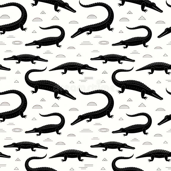 Stylized Black Alligators and Abstract Shapes on White Background ...