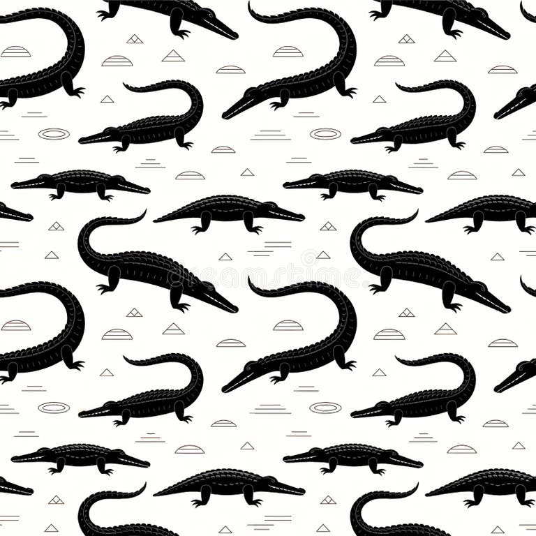 Stylized Black Alligators and Abstract Shapes on White Background ...