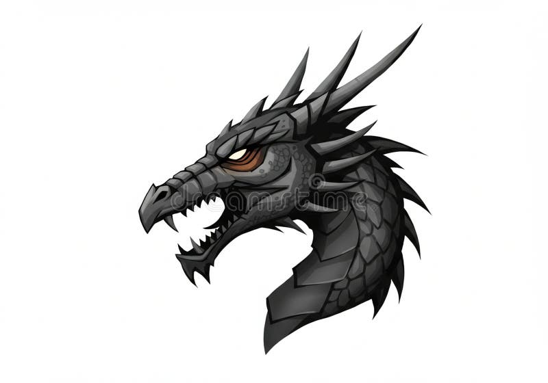 Stylized Black Dragon Head with Sharp Horns and Scales, Depicted in ...