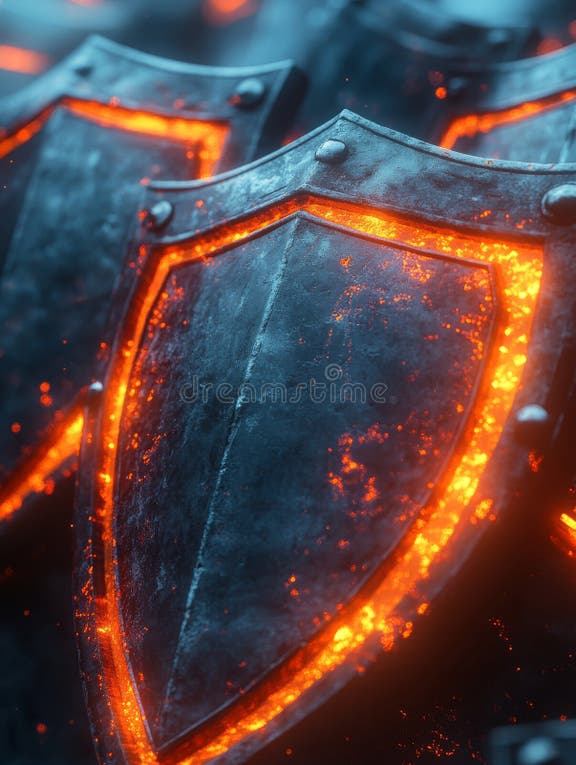 Stylized Black Shields Featuring Glowing Orange Symbols Symbolize ...