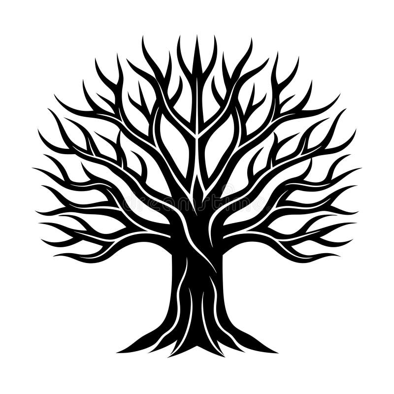 Stylized Black Silhouette of a Bare Tree with Branches Against White ...