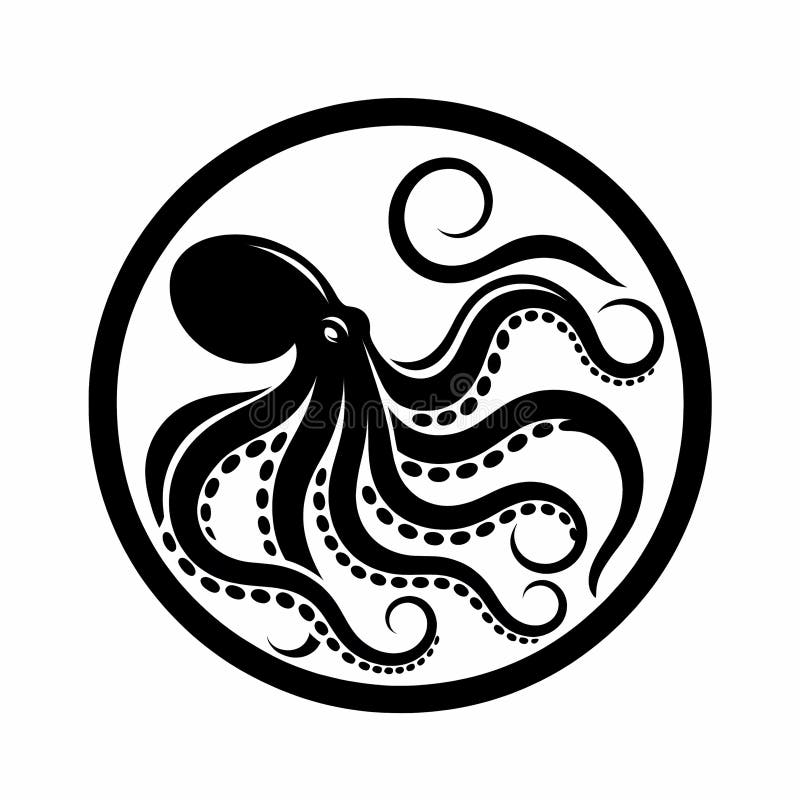 Black Silhouette of a Dynamic Octopus within a Circular Frame Stock ...