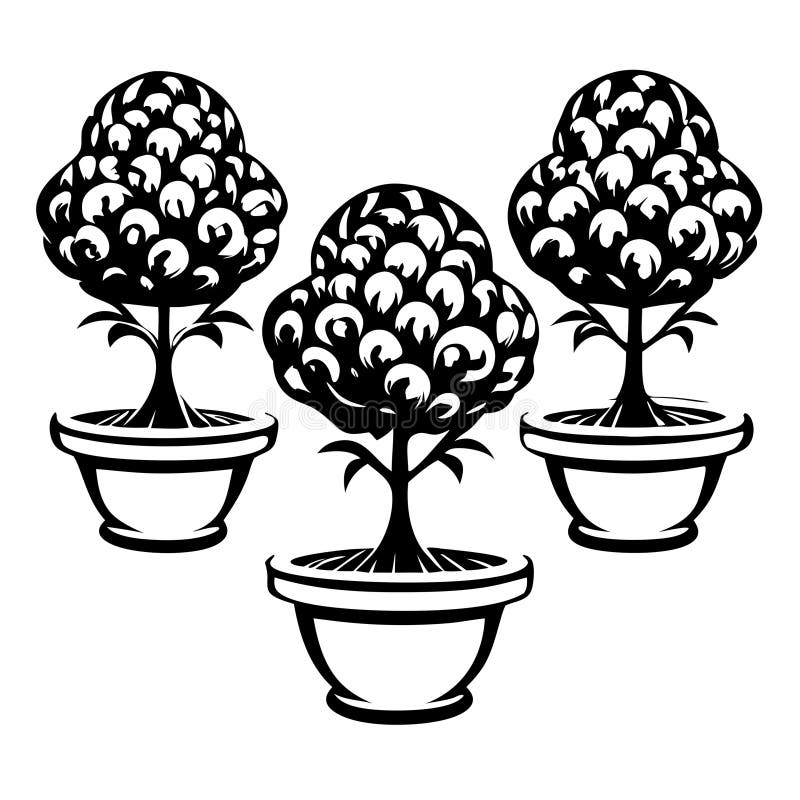 Stylized Black Silhouette of Three Topiary Trees in Pots Ideal for Home ...