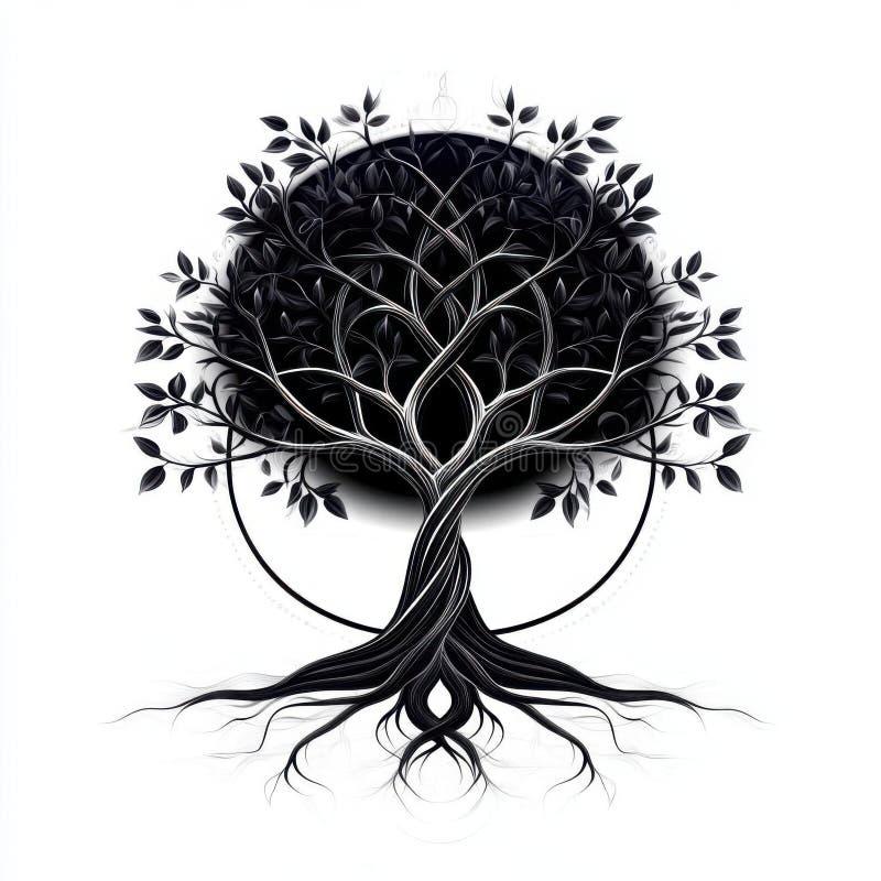 Stylized Black Tree Silhouette with Intricate Branches and Roots ...