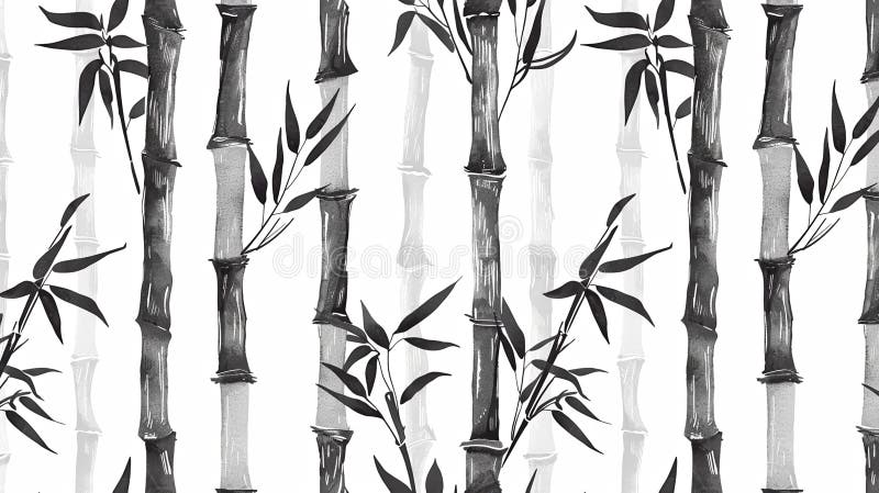 Stylized Black and White Bamboo Pattern with Leaves, Seamless Design ...
