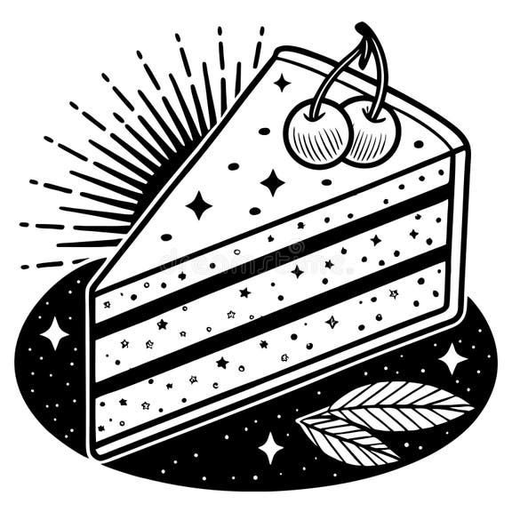 Stylized Black and White Cake Slice with Cherries and Cosmic Elements ...