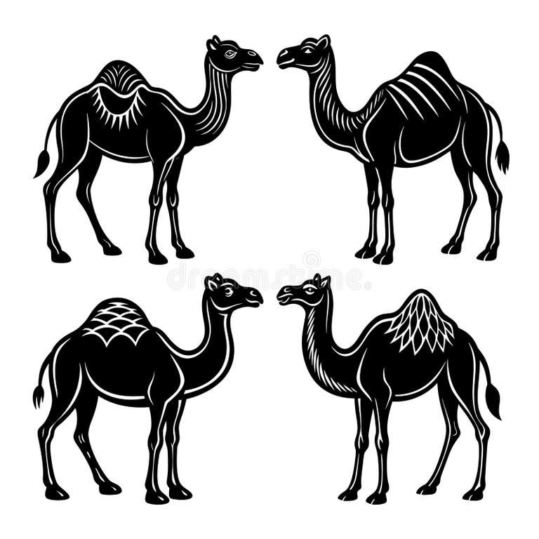 Stylized Black and White Camel Illustrations in Detailed Silhouette ...