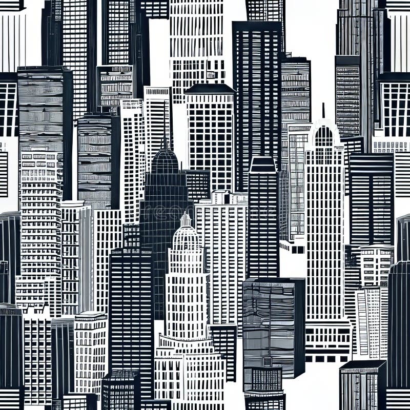 Stylized Black and White Cityscape Seamless Pattern with Diverse ...