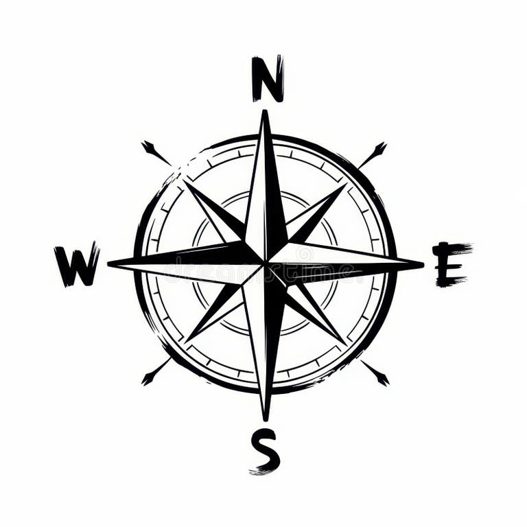 Stylized Black and White Compass Graphic with Directional Indicators ...