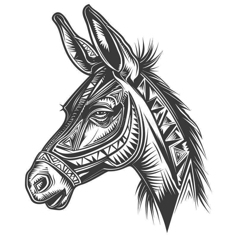 Stylized Donkey Head with Tribal Pattern: a Detailed Monochrome ...