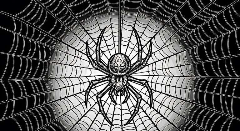 Stylized Black and White Illustration Featuring a Spider Centered on a ...