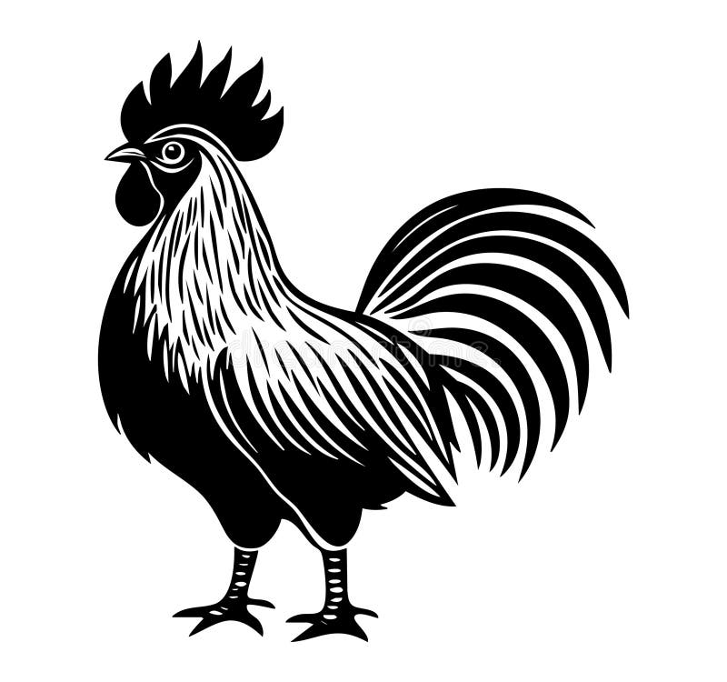 Stylized Black and White Illustration of a Proud Rooster, Showcasing ...