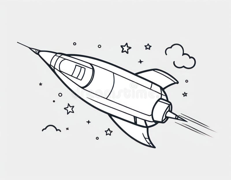 A Stylized Black and White Illustration of a Rocket Soaring through ...