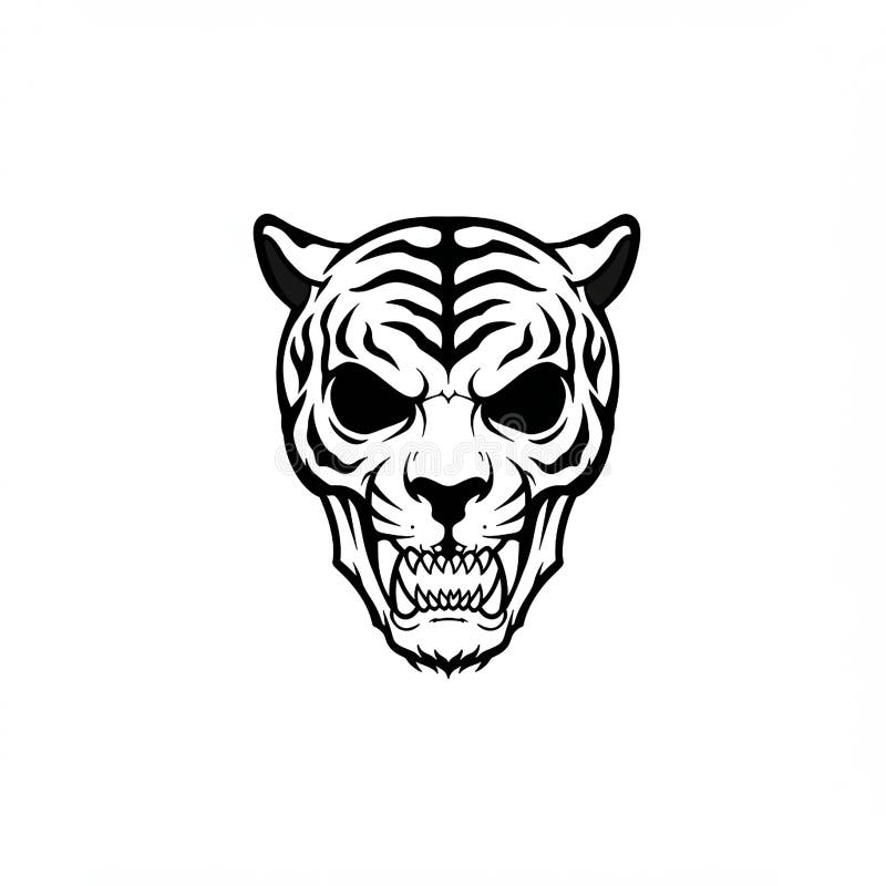 Stylized Black and White Illustration of a Tiger S Head with Pronounced ...