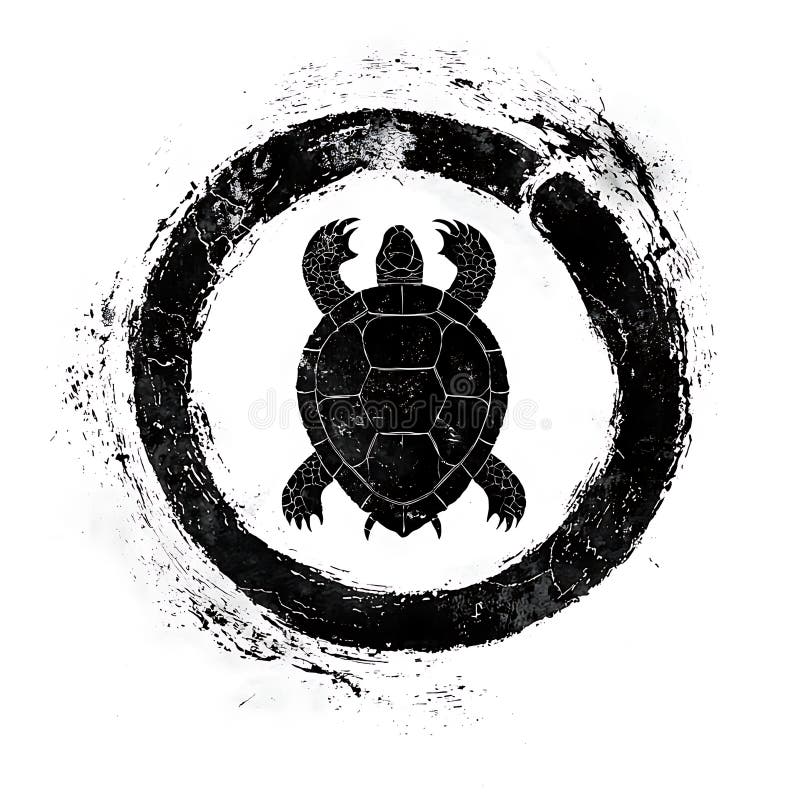 Stylized Black and White Ink Wash Painting of a Turtle in a Circular ...