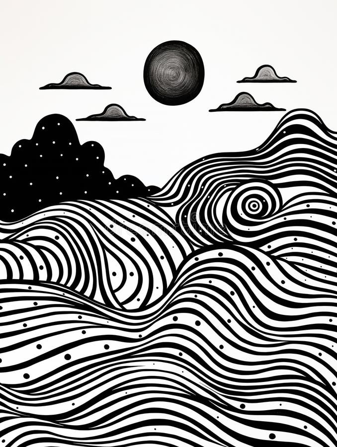 Stylized Black and White Landscape with Wavy Lines and Dotted Details ...