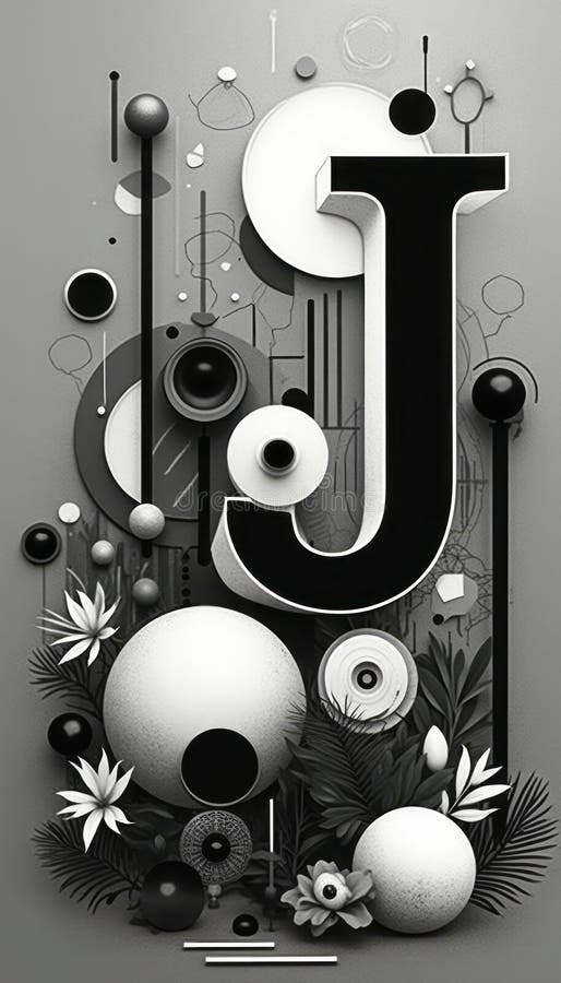 Stylized Black and White Letter J Surrounded by Abstract Shapes and ...