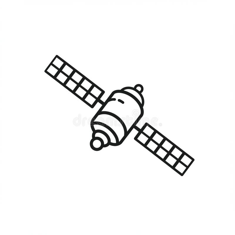 Stylized Black and White Line Drawing of a Satellite. Features a ...