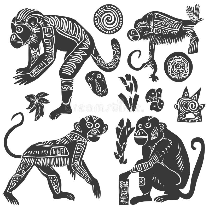 Stylized Monkeys in Tribal Art Style: Vector Illustration Stock Vector ...